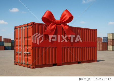 Festive Red Freight Container with Bow Shipping...のイラスト素材 [130574847 ...
