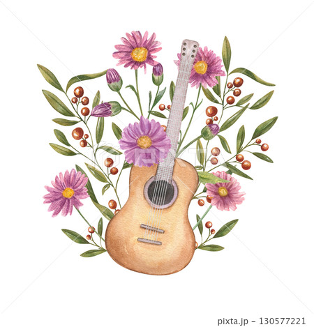 Vintage six string guitar and autumn floral...のイラスト素材 [130577221] - PIXTA