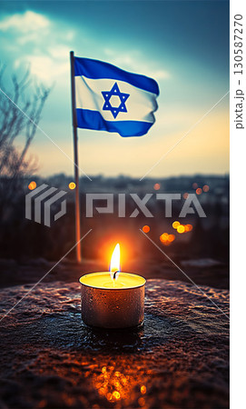Candle flame in front of Israeli flag at sunset...のイラスト素材 [130587270 ...