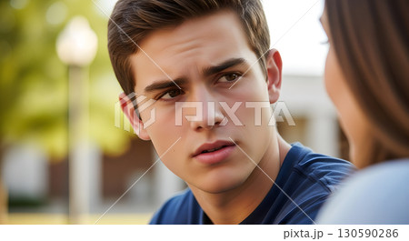 Intense Moment: Young Man's Earnest Expression...のイラスト素材 [130590286 ...