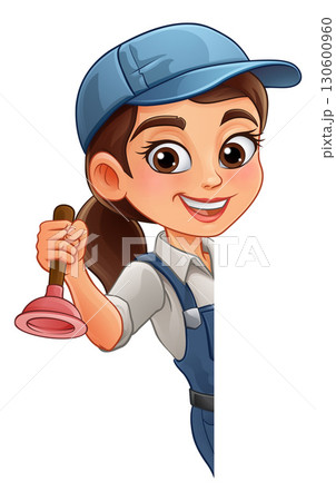 Woman Female Plumber Drain Plunger Cartoon Mascotのイラスト素材 [130600960 ...