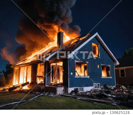 House Fully Engulfed by Flames at Night With...のイラスト素材 [130625128] - PIXTA