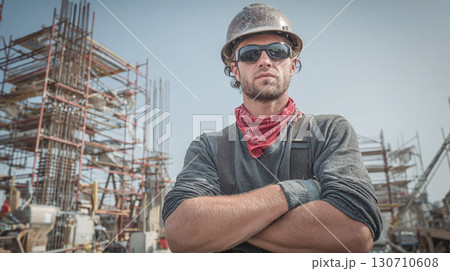 Construction worker at a building site, wearing...のイラスト素材 [130710608 ...