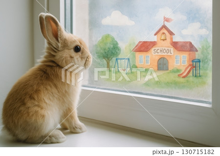 Cute rabbit looking out window at school...のイラスト素材 [130715182] - PIXTA