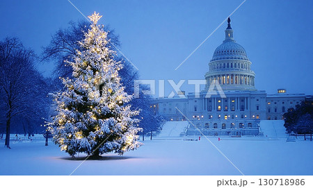 Snow Covered Capitol Building with Brightly Lit...のイラスト素材 [130718986 ...