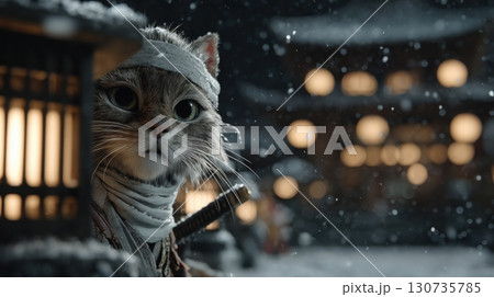 Ninja Cat in Snowy Temple Nightのイラスト素材 [130735785] - PIXTA