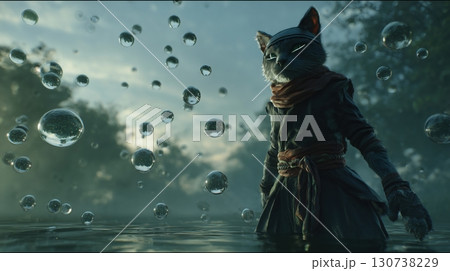Mystic Ninja Cat with Floating Water Orbsのイラスト素材 [130738229] - PIXTA