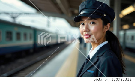 Asian woman train conductor in uniform with...のイラスト素材 [130781313] - PIXTA