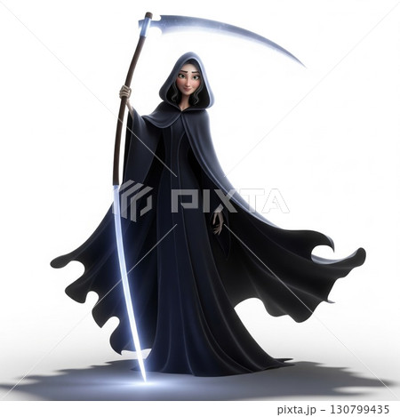 Woman in Black Hooded Robe Holding Scythe on...のイラスト素材 [130799435] - PIXTA