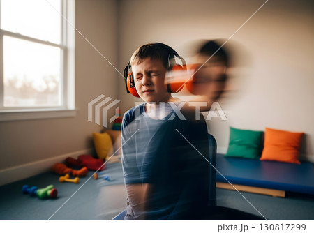 Autistic child boy in therapy room with noise...のイラスト素材 [130817299] - PIXTA