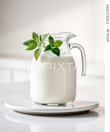 Glass pitcher of milk with mint sprig and ice...のイラスト素材 [130825894] - PIXTA