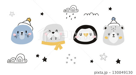 arctic baby animals face vector clipartのイラスト素材 [130849130] - PIXTA
