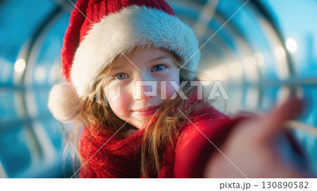 Cheerful Girl in Santa Hat Reaching Out with a...のイラスト素材 [130890582 ...