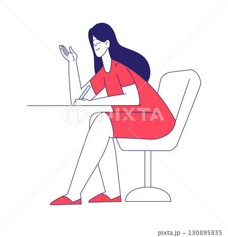 Young Woman Character in Sitting Pose at Table...のイラスト素材 [130895835 ...