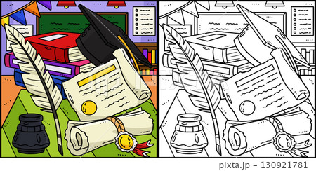 Graduation Cap, Quill Pen and Diploma Illustrationのイラスト素材 [130921781 ...