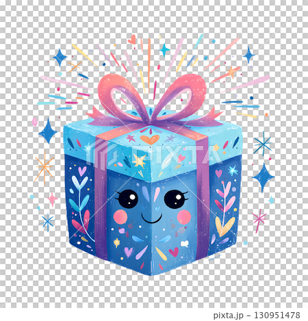 Cute blue gift box with bow and festive sparkleのイラスト素材 [130951478] - PIXTA