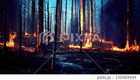 Fires rage through a forest, engulfing trees in...のイラスト素材 [130989894 ...