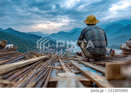 Hard Hat Worker Squatting on Concrete Slab with...のイラスト素材 [131005068 ...