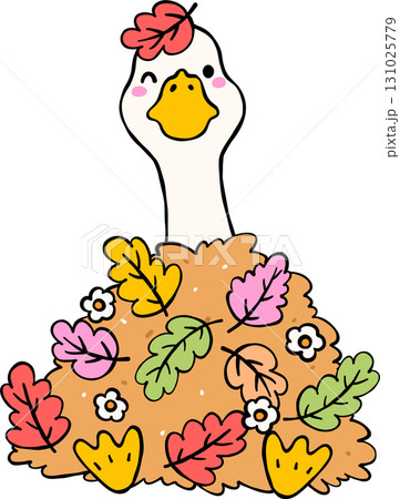 Fall Silly Goose in Pile of Autumn Leaves...のイラスト素材 [131025779] - PIXTA