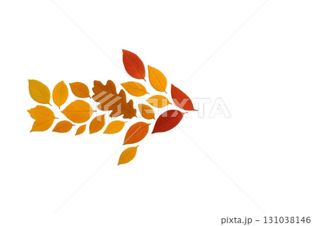 Autumn-themed arrow made of colorful leaves on...のイラスト素材 [131038146 ...