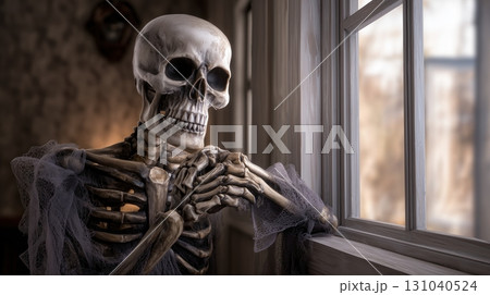 Skeleton looking out a window, draped in spooky...のイラスト素材 [131040524 ...