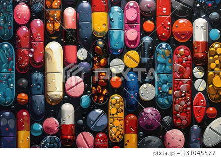 Overhead view of mixed colorful pills and...のイラスト素材 [131045577] - PIXTA