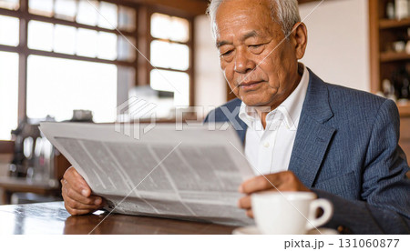 Elderly Asian Man Reading Newspaper at Cafeのイラスト素材 [131060877] - PIXTA