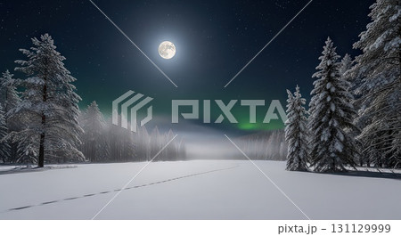 Moonlit Winter Landscape with Northern Lights-...のイラスト素材 [131129999 ...