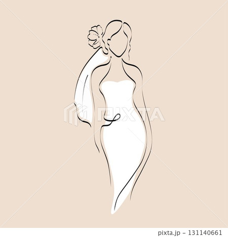 Continuous line drawing of a girl in a wedding...のイラスト素材 [131140661 ...