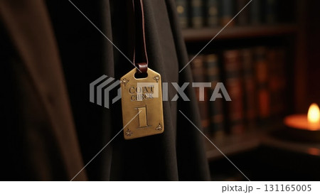 Antique Brass Coat Tag on Leather Strap, Dark...のイラスト素材 [131165005] - PIXTA