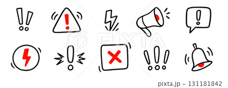 Doodle red exclamation mark, warning sign set....のイラスト素材 [131181842 ...