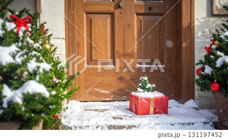 Christmas package on snowy doorstep with...のイラスト素材 [131197452] - PIXTA