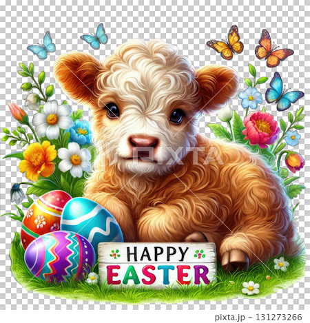 Cute calf surrounded by flowers and Easter eggs...のイラスト素材 [131273266 ...