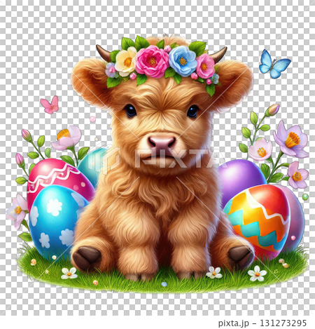Cute calf with floral crown amidst colorful...のイラスト素材 [131273295] - PIXTA