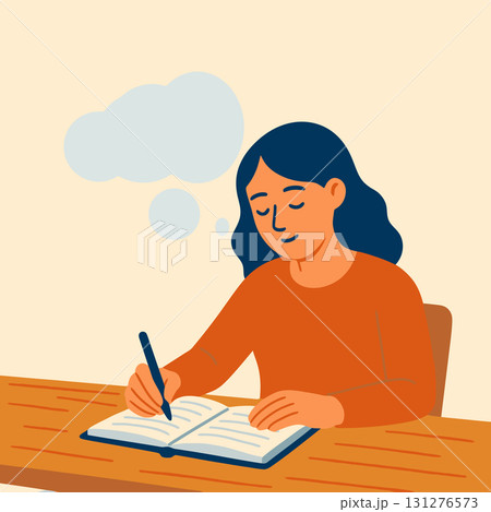 Woman happily writing at desk with notebookのイラスト素材 [131276573] - PIXTA