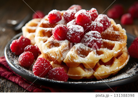 Sweet waffles topped with red raspberries and...のイラスト素材 [131388398] - PIXTA