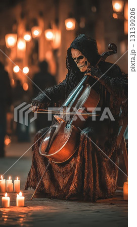 Skeleton musician plays cello in candlelit streetのイラスト素材 [131399206 ...