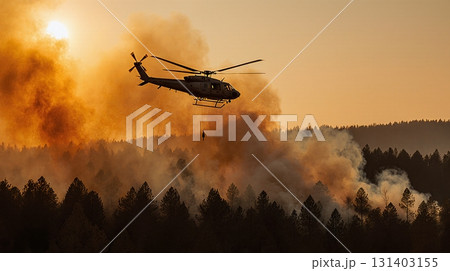 Helicopter fights wildfire over forest under...のイラスト素材 [131403155] - PIXTA