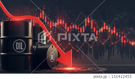 Illustration of oil barrels with a red downward...のイラスト素材 [131412453 ...