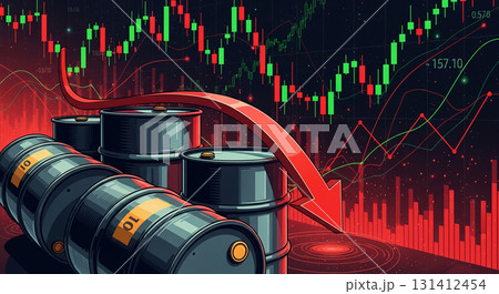 Illustration of oil barrels with a red downward...のイラスト素材 [131412454 ...