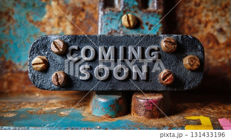 Engraved COMING SOON metal sign with bolts on...のイラスト素材 [131433196] - PIXTA