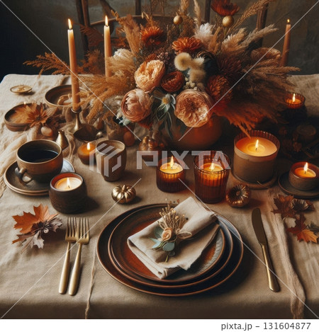 Warm table setting in mocha and amber tones,...のイラスト素材 [131604877] - PIXTA