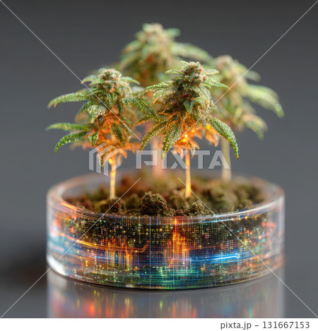 Miniature cannabis plant with glowing digital...のイラスト素材 [131667153] - PIXTA