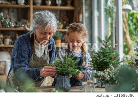 Smiling grandmother and granddaughter in warm...のイラスト素材 [131689380] - PIXTA