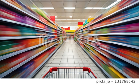 Shopping cart moving fast through supermarket...のイラスト素材 [131769542] - PIXTA