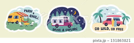 Funny campers stickers. Vans, caravans, road...のイラスト素材 [131863821] - PIXTA