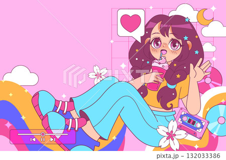 Anime girl sitting relaxed in pastel themed...のイラスト素材 [132033386] - PIXTA