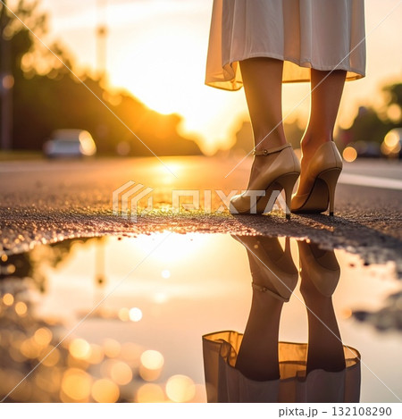 Woman feet on heels standing near the puddle...のイラスト素材 [132108290] - PIXTA