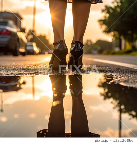 Woman feet on heels standing near the puddle...のイラスト素材 [132126866] - PIXTA