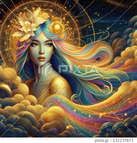 Ethereal Fantasy Goddess with Flowing Rainbow...のイラスト素材 [132137671] - PIXTA